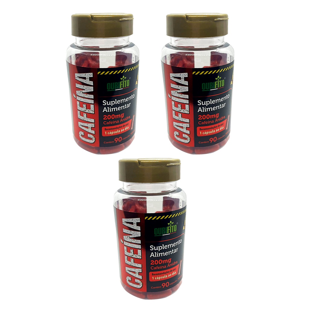 KIT COM 3 Suplemento Cafeína Anidra 200 Mg 90 Comprimidos Treino Pote ...
