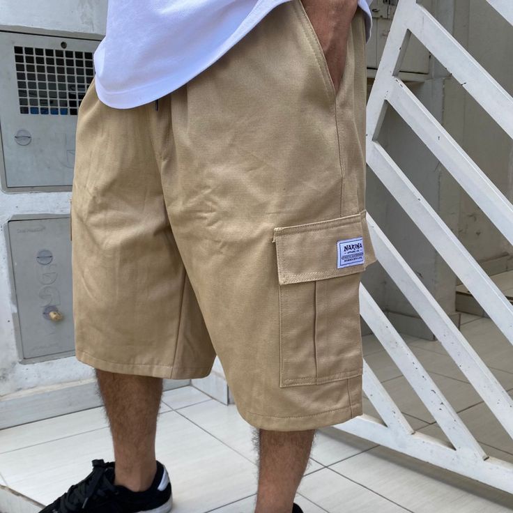 Bermuda Masculina Cargo Larga Branca Preta Bege Sarja Bolso Lateral