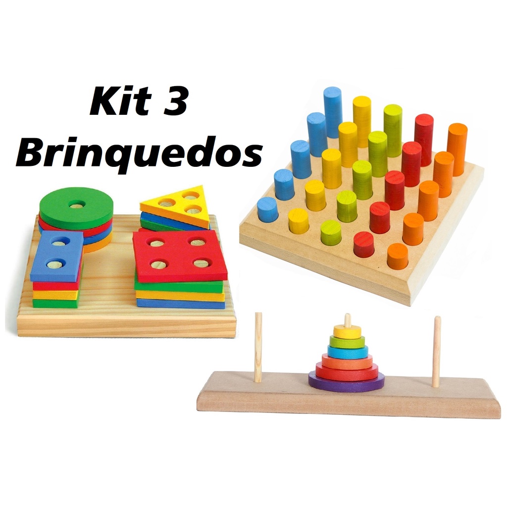 Kit TORRE DE HANÓI + PINOS DE ENCAIXE + FORMAS GEOMÉTRICAS Jogo de ...
