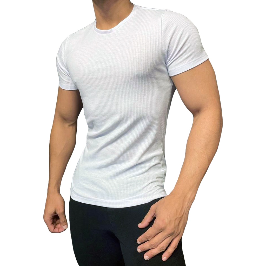Camiseta Canelada Masculina Branca Lisa Manga Curta Slim Fit | Shopee ...