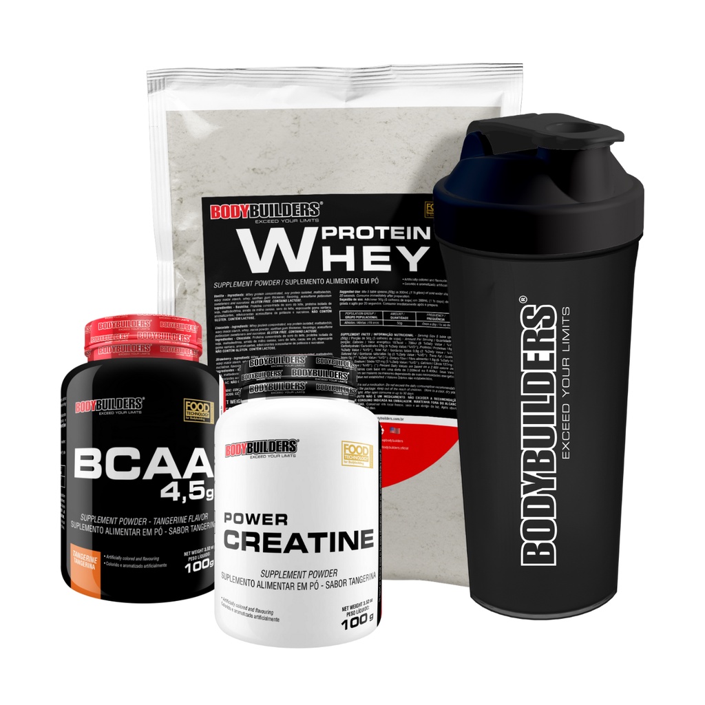 Kit Whey Protein 500g, BCAA 4,5 100g, Power Creatine 100g, Coqueteleira – Bodybuilders ...