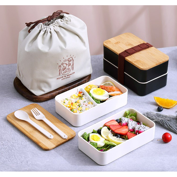 Lancheira Marmita 2 potes Importada Bento Box Bambu com Talher 1200ML ...