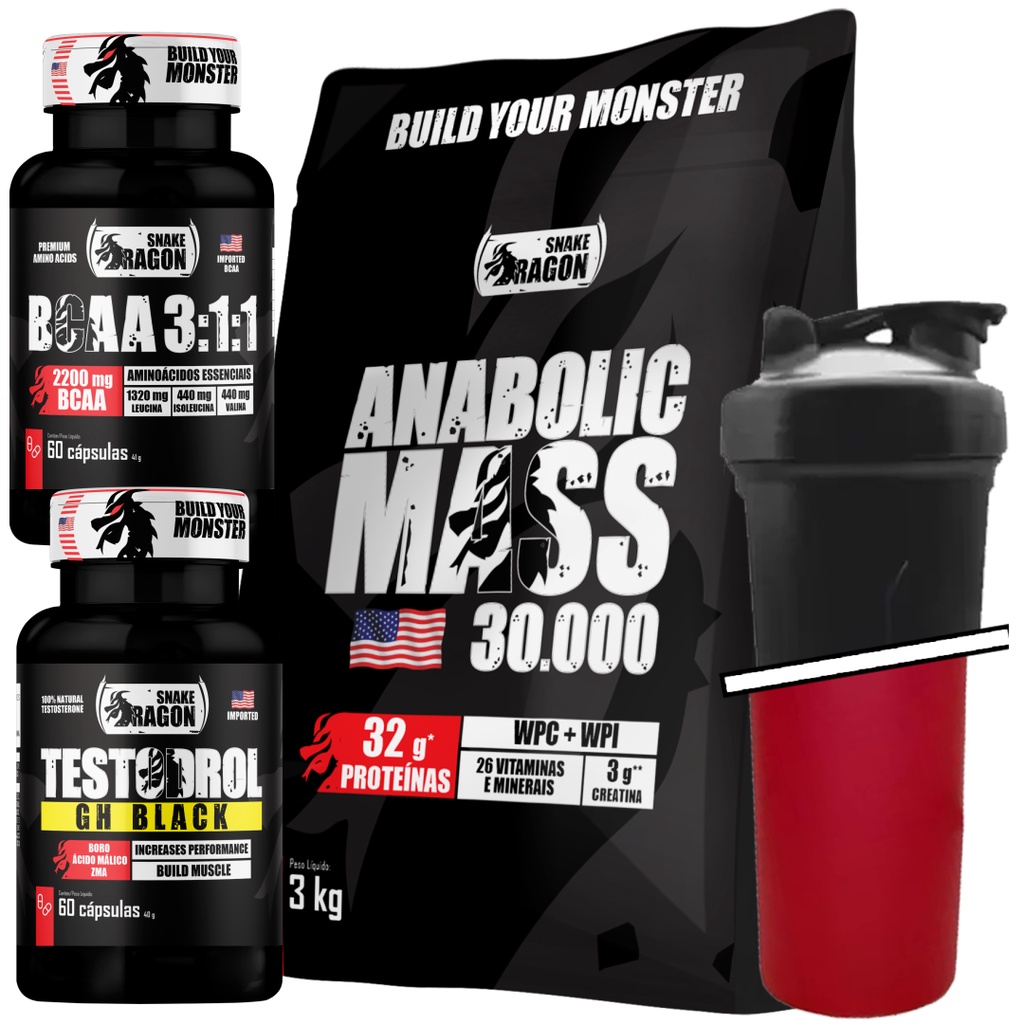 Kit Hipercalórico Anabolic Mass 30000, 3Kg + Testo GH Black + BCAA 3:1: ...
