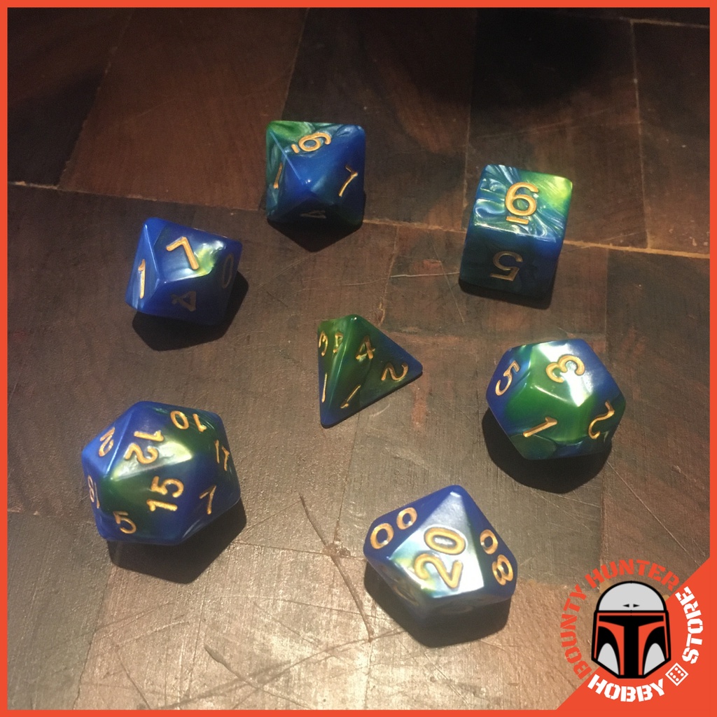 Kit Dados RPG Poliédricos - Mesclado Azul & Verde c/ Num. Dourado [p ...