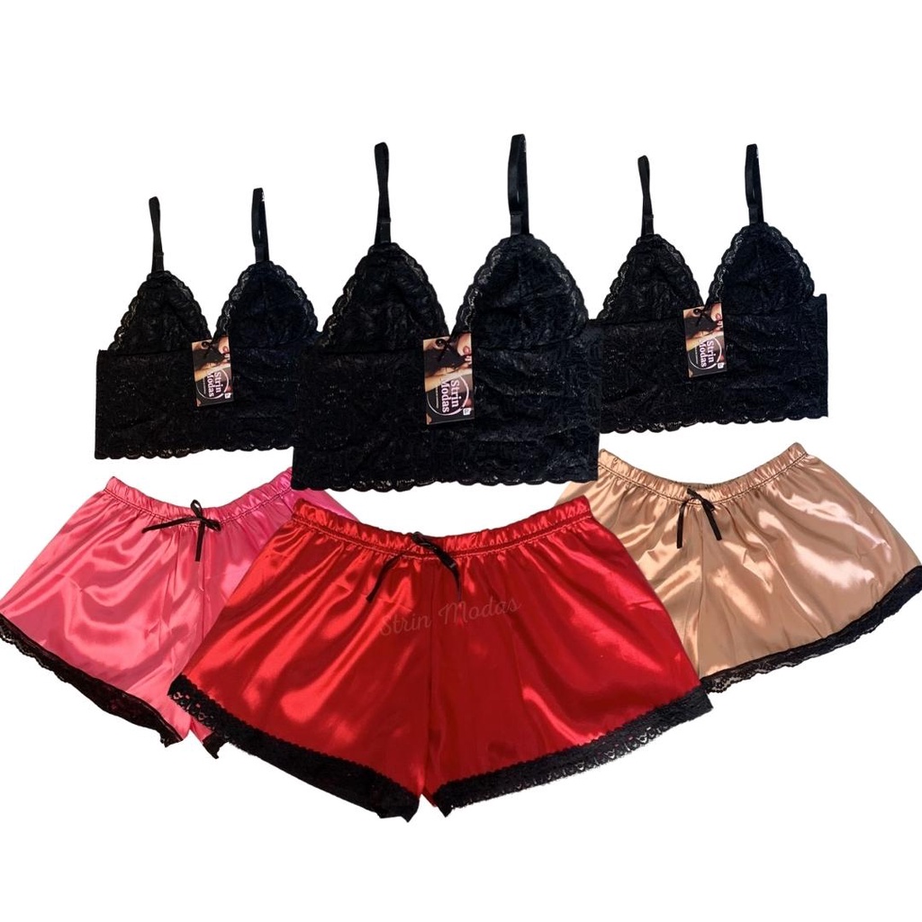 Kit com 3 Conjuntos de Baby Doll em Cetim Strin Modas, com elastano e ...