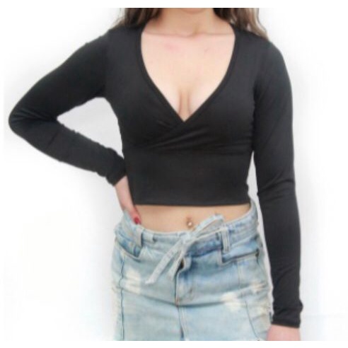 Cropped Feminino Decote Transpassado Manga Longa Com Manga Longa Blusinha Basico preto branco ...