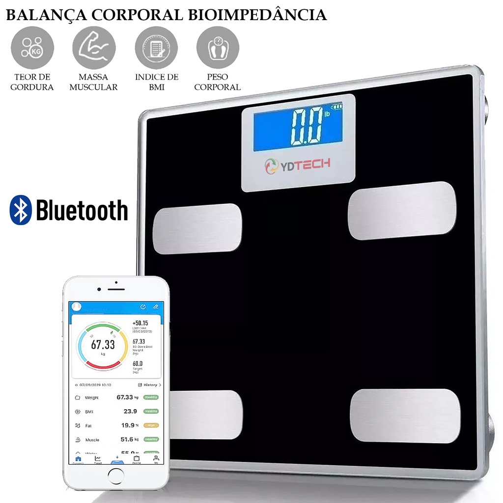 Balança Corporal Digital Inteligente Bioimpedância App Bluetooth 180kg ...