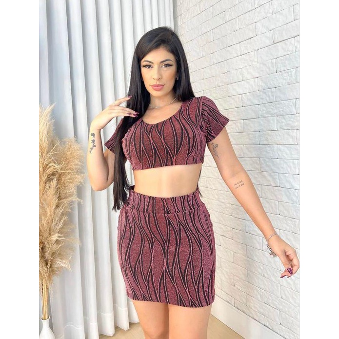 Conjunto Lurex Rosa com Brilho e Bojo para Festa | Shopee Brasil