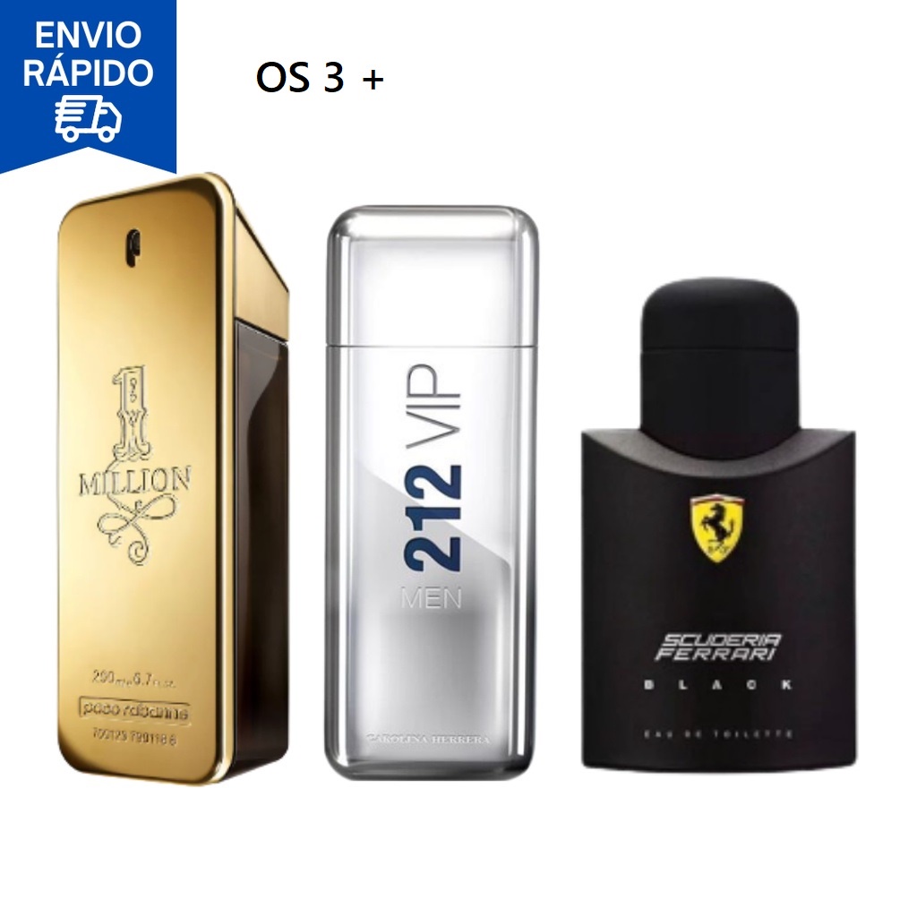 Kit 3 Perfumes Masculinos: 212 vip men, Ferrari black, One Million 50ml ...