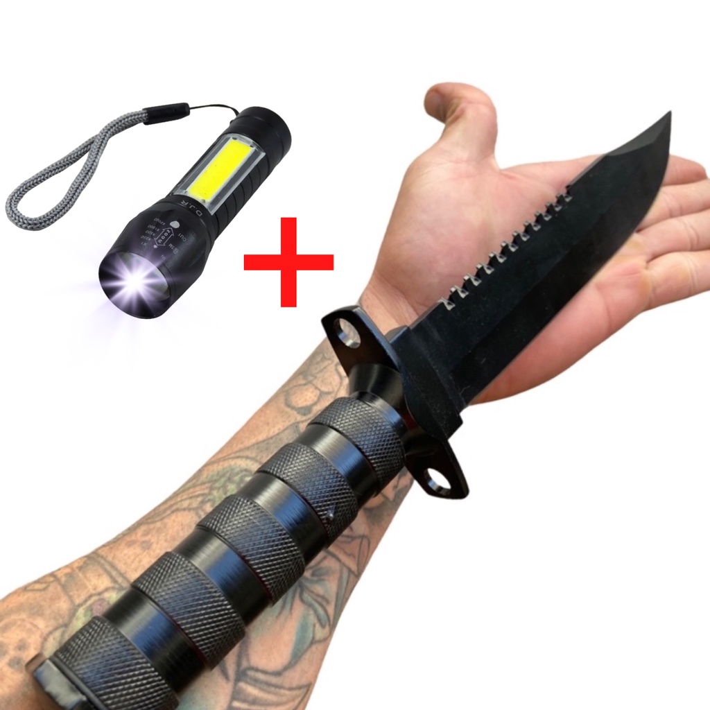 Faca Grande Facão Militar Rambo Tática Cabo de Aço + Lanterna Tática ...