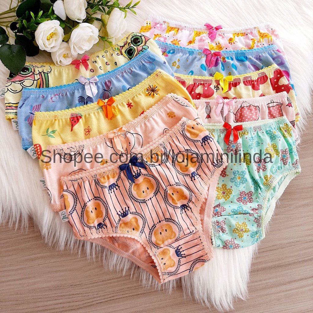 Calcinha Infantil Tradicional Estampada 100% Algodão - Kit com 10 ...