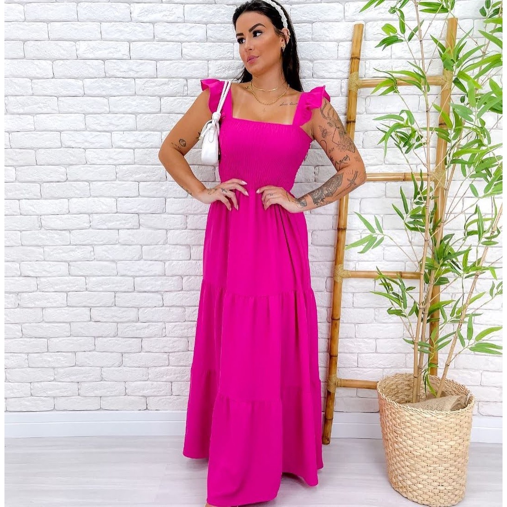 Vestido Longo Feminino Plissado com Bojo Primavera/Verão Duna Luxo ...