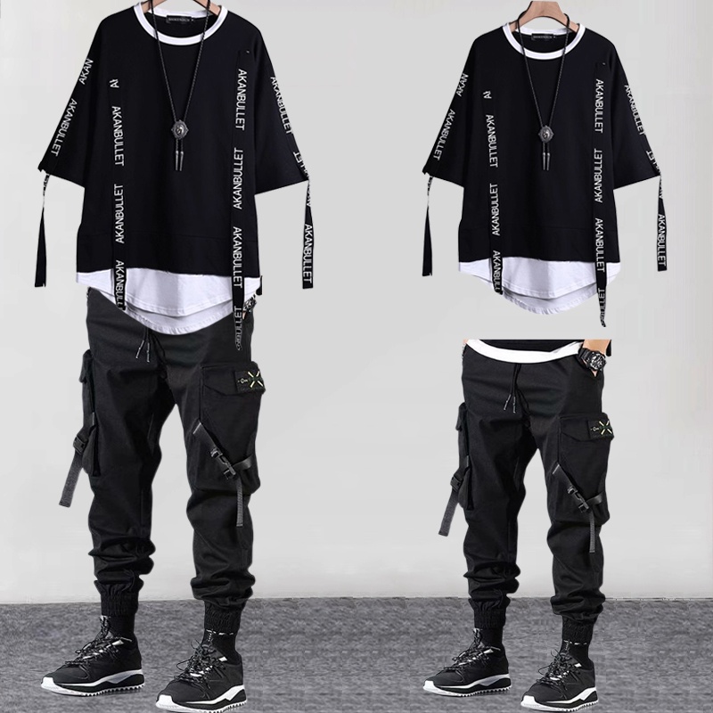 Calça Cargo Masculina Hip Hop Preta Calças De Jogger Com Fita