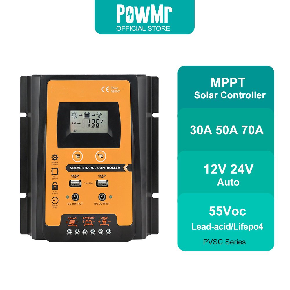 PowMr MPPT 30A 50A 70A Solar Charge Controller 12V IP32 24V Dual USB Regulator With Large LCD PV ...