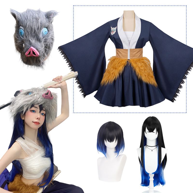 Adult Demon Slayer Hashibira Inosuke Cosplay Costume Dress Long Wig ...