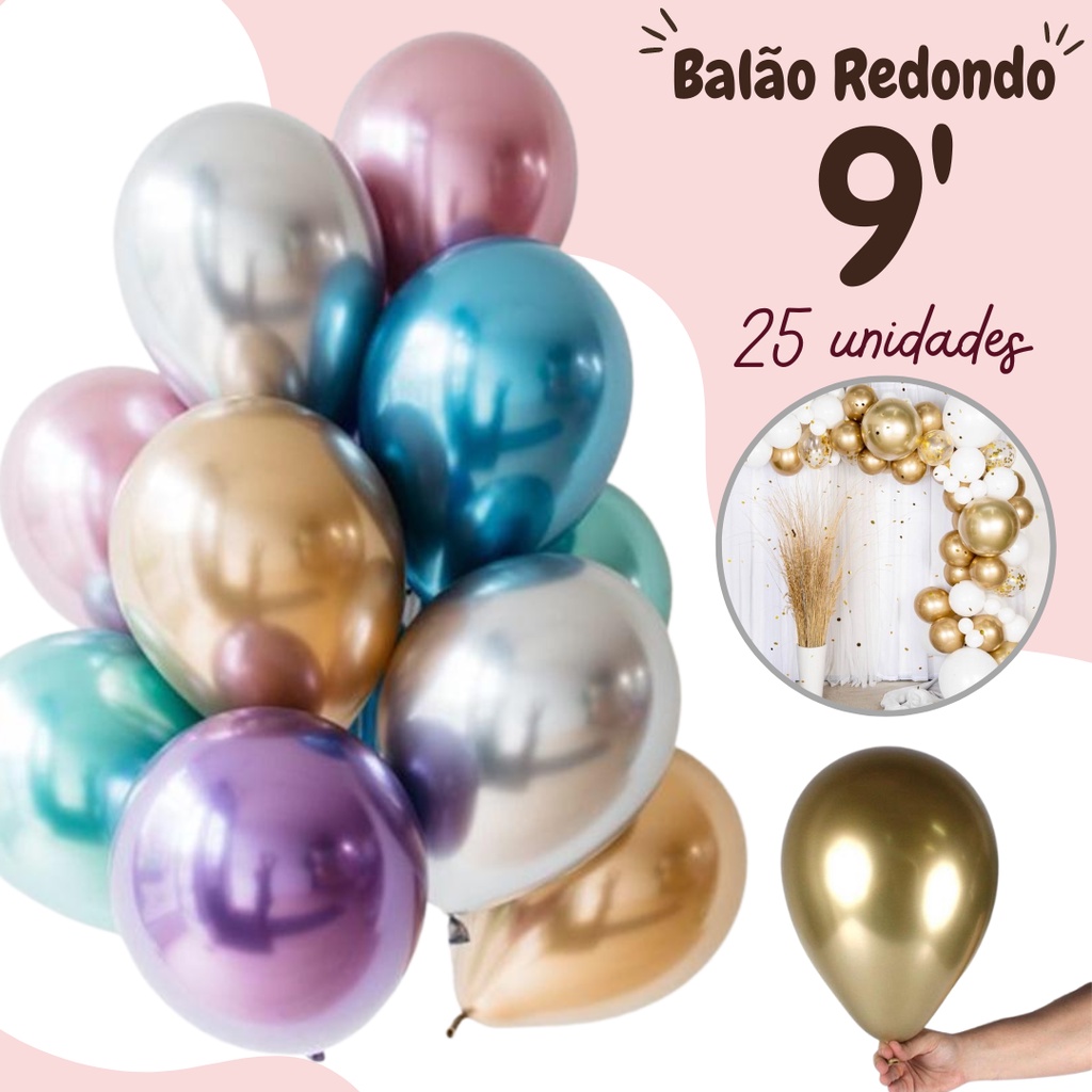 Balão Bexiga Metalizado Alumínio Cromado Platino c/25 unid Tamanho 9 ...