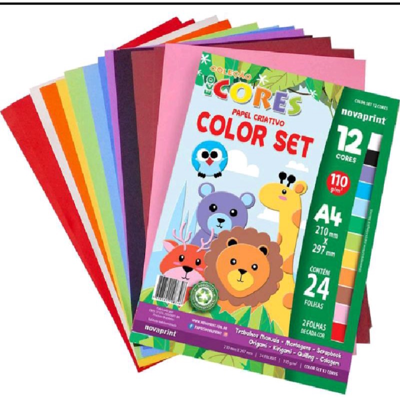 Papel Color set A4 110gr 12 cores ( 24 Folhas) | Shopee Brasil