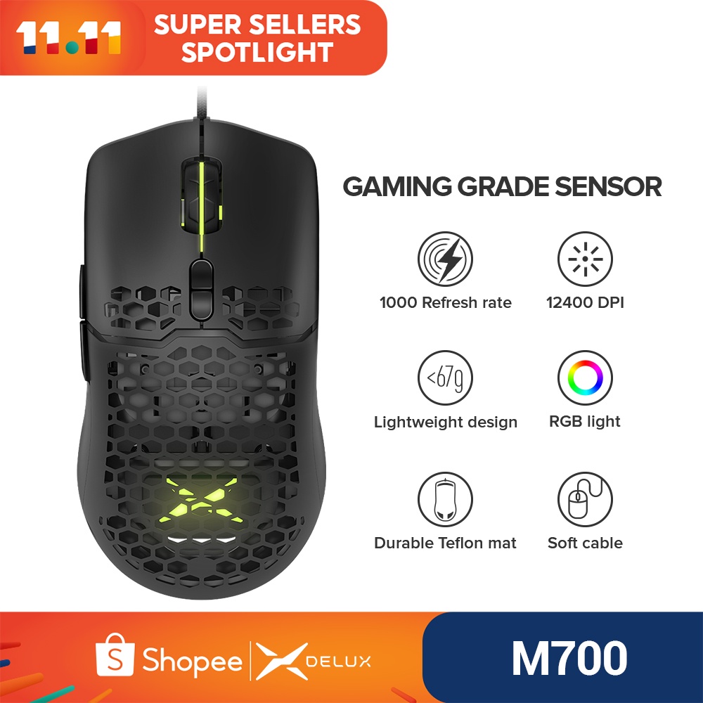 Ratón Gaming RGB Delux M700 PMW3389 67g, ratón ergonómico de concha de panal ligero con Cable de ...