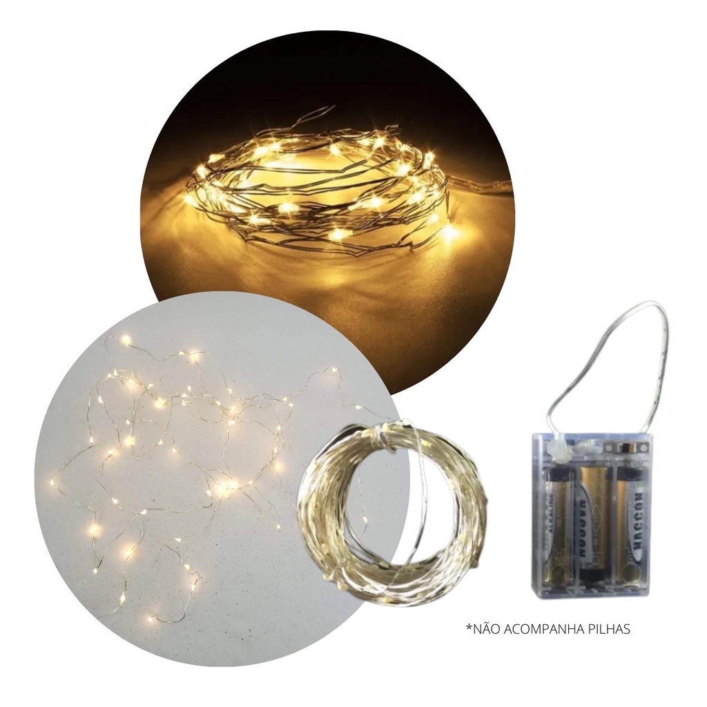 Fio De Fada Led 5m 50leds Bco Quente Pilha Leads Luz Fixa | Shopee Brasil