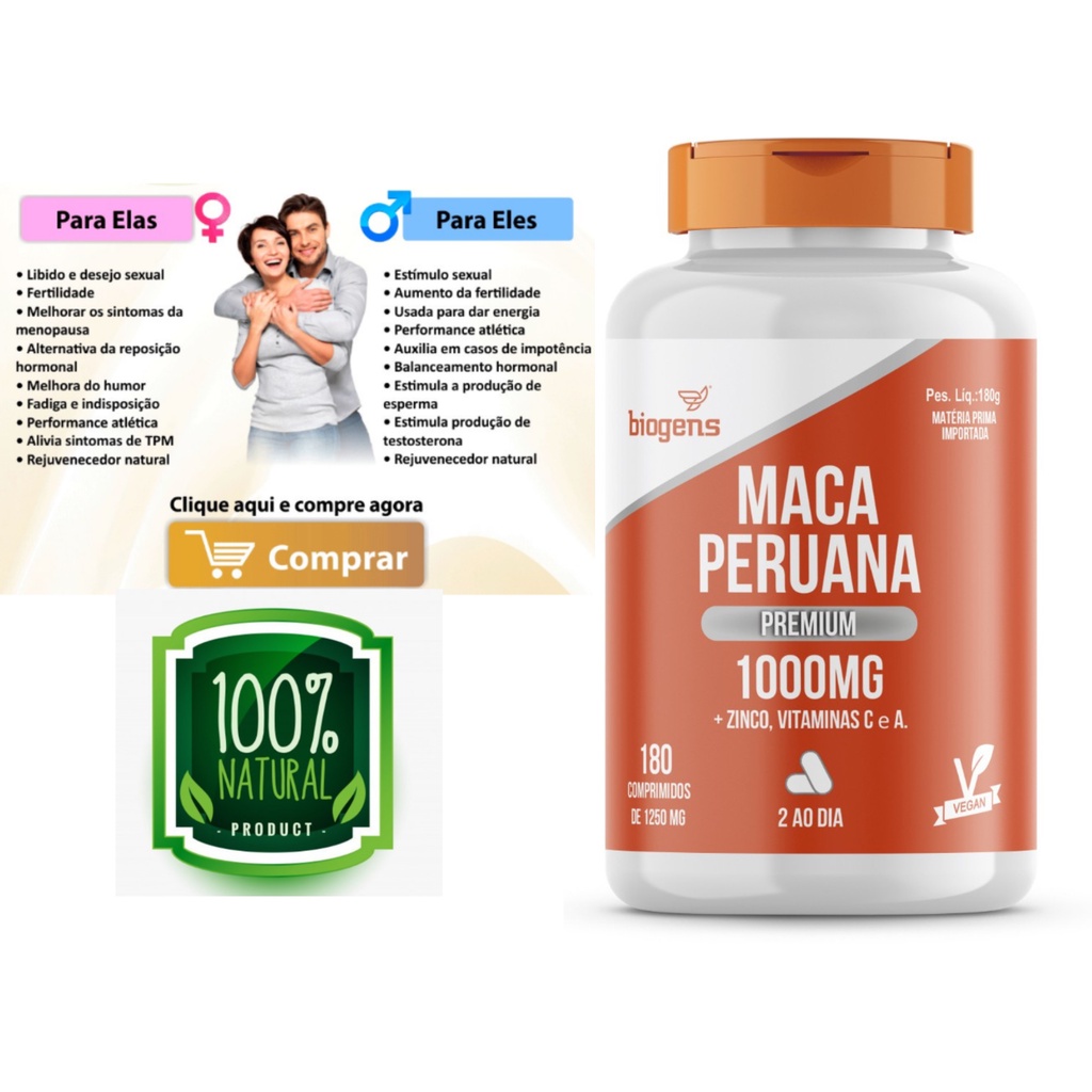 Maca Peruana 100% concentradas em vitaminas e Zinco 600mg com 60 ...