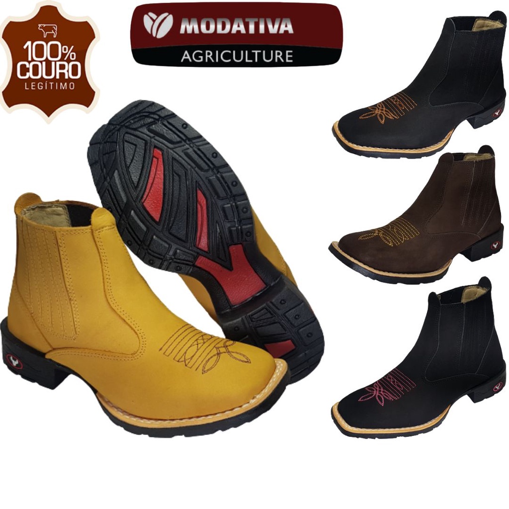 Bota Botina Texana Country Modativa Couro Legítimo Cano Médio ...