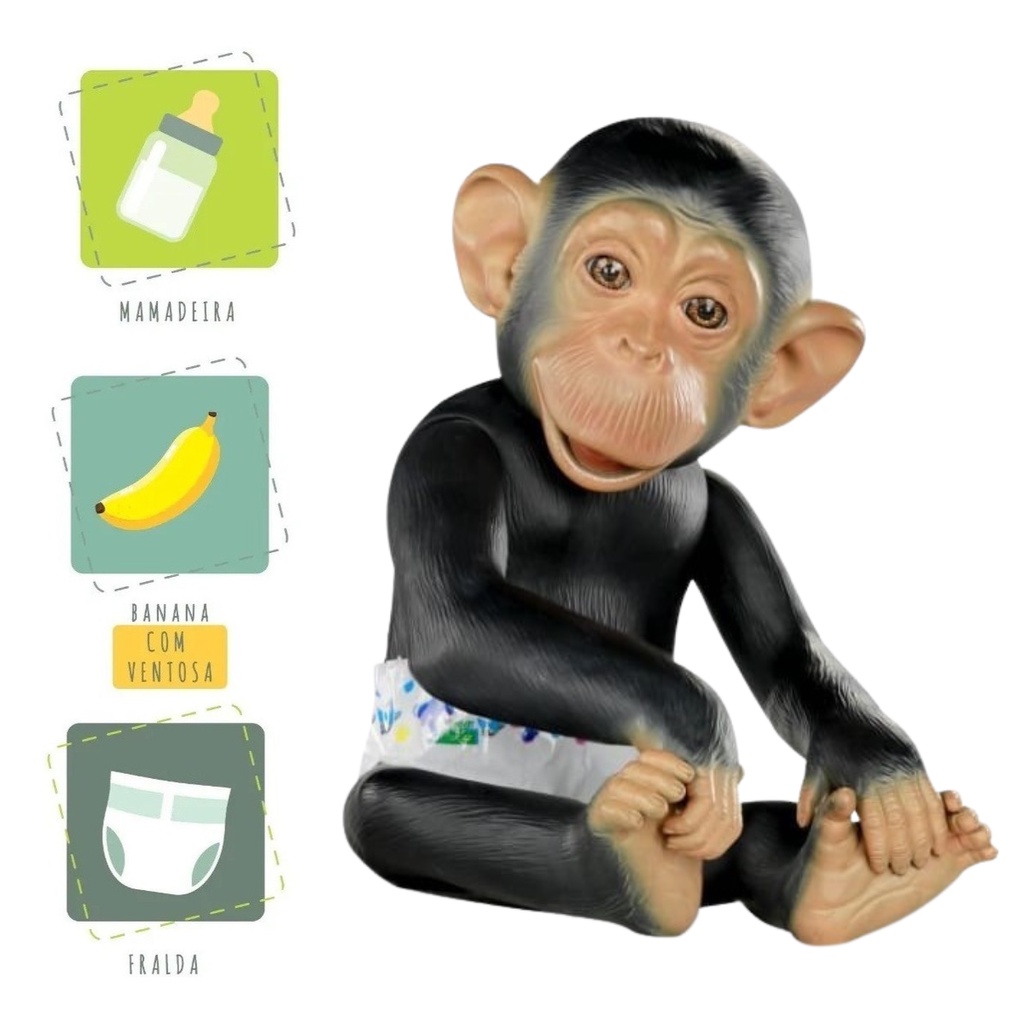 Boneco Macaco Realista Little Caco Com acessorios Banana e mamadeira ...