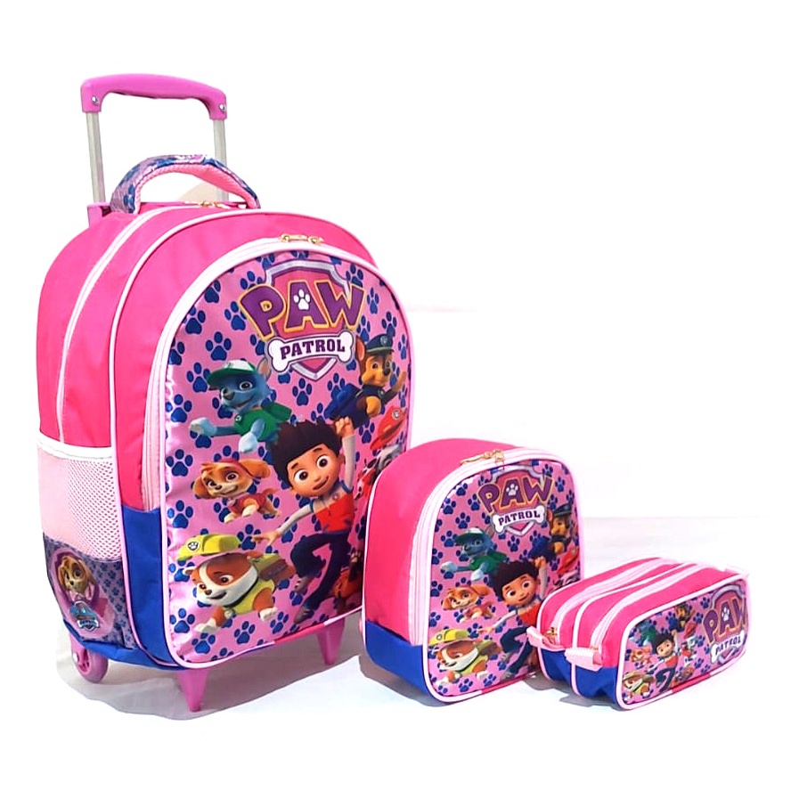 Kit Mochila Infantil Escolar De Rodinhas Turma Da Patrulha Canina Rosa Tam G + Lancheira E ...