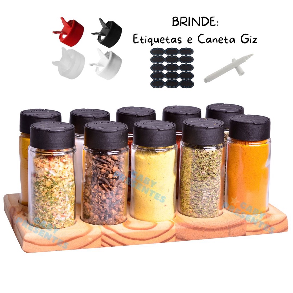Kit Tempero Tábua Madeira Com 10 Potes Vidro Com Caneta e Etiquetas ...