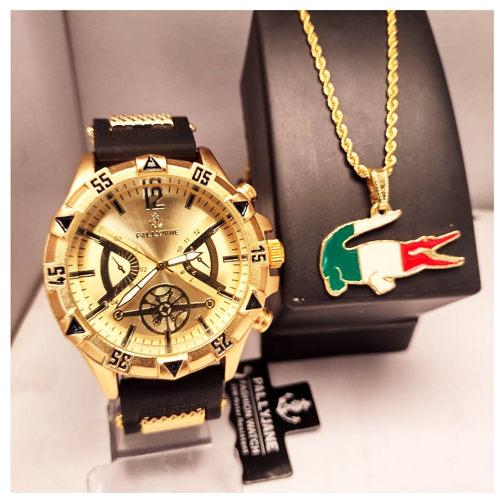 Relógio Masculino Dourado e Pareado com Corrente e Pingente ...