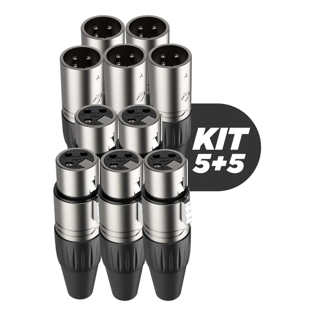 Kit 10 Plug Conector XLR Roxtone - 5 Macho XLR + 5 Fêmea XLR 3 Polos ...