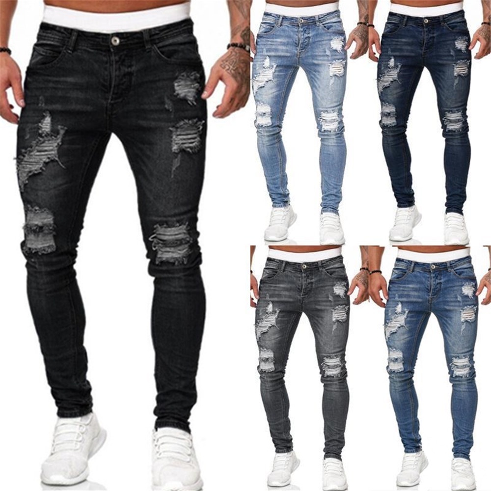 Streetwear Moda Jeans Preto Rasgados Homens Skinny Slim Fit Blue Hip ...