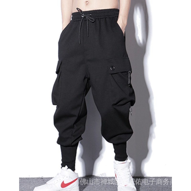 Calça Cargo Masculina De Bolso Hip Hop Moletom Jogger Preta Roupas De