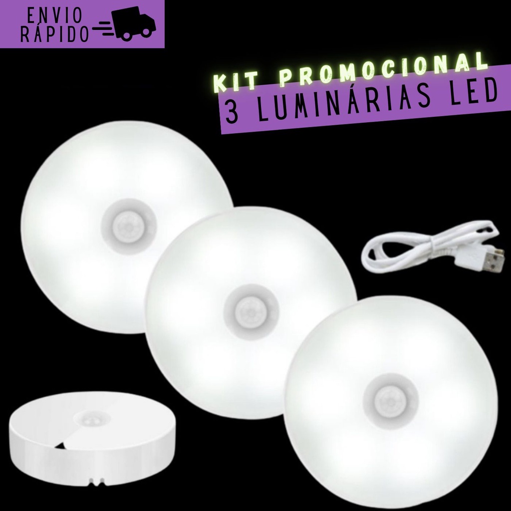 Luminária De Led Kit com 3 Luminárias Sem Fio Com Sensor Presença Usb ...