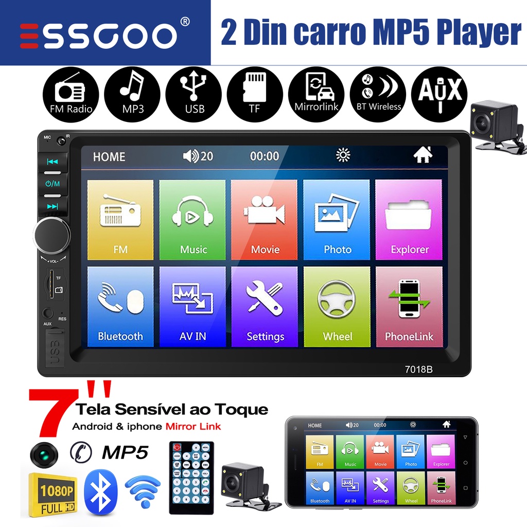 ESSGOO 7 Polegadas DIN duplo Reprodutor De Rádio Bluetooth Mp5-Black-Intercnect- Claro De Fundo ...