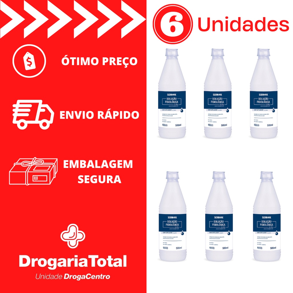 Kit Com 6 unidades de Soro Fisiológico 0,9% Farmax ou Arboreto 500Ml Cloreto de Sódio Sorimax ...