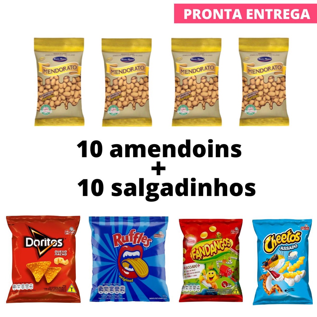 Kit c/ 20 Snacks Sortidos 10 Mini Salgadinhos Elma Chips e 10 Amendoins Mendorato Santa Helena ...
