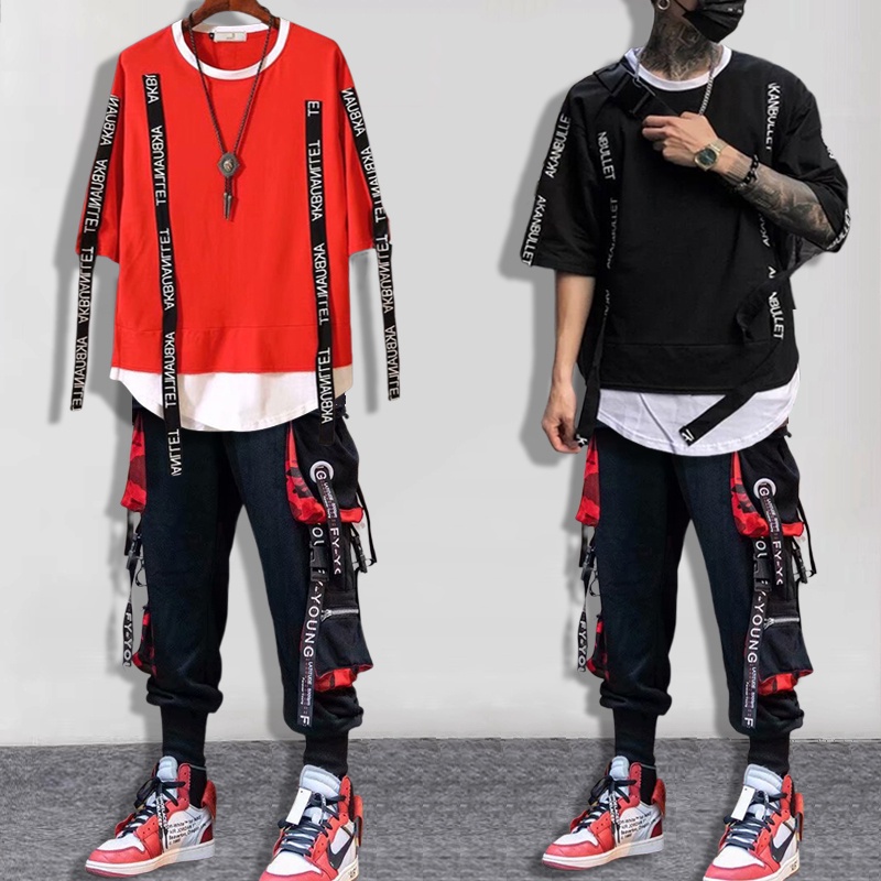 Calça Cargo Masculina Hip Hop Preta Calças De Jogger Com Fita
