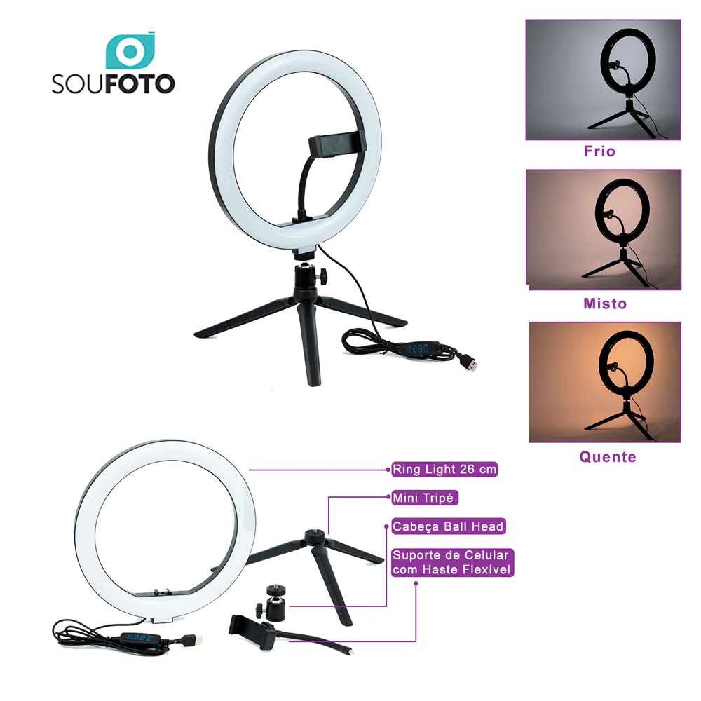 Iluminador Ring Light 10 Polegadas 26cm Luz Quente e Fria Sou Foto LC-26 | Shopee Brasil