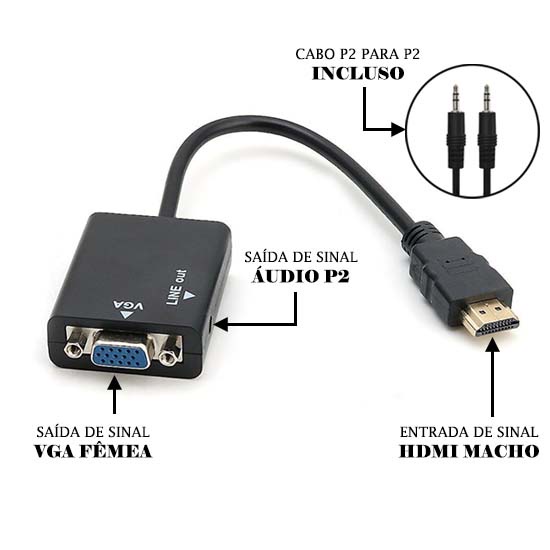 Cabo adaptador conversor HDMI para VGA com saída P2 de áudio ...