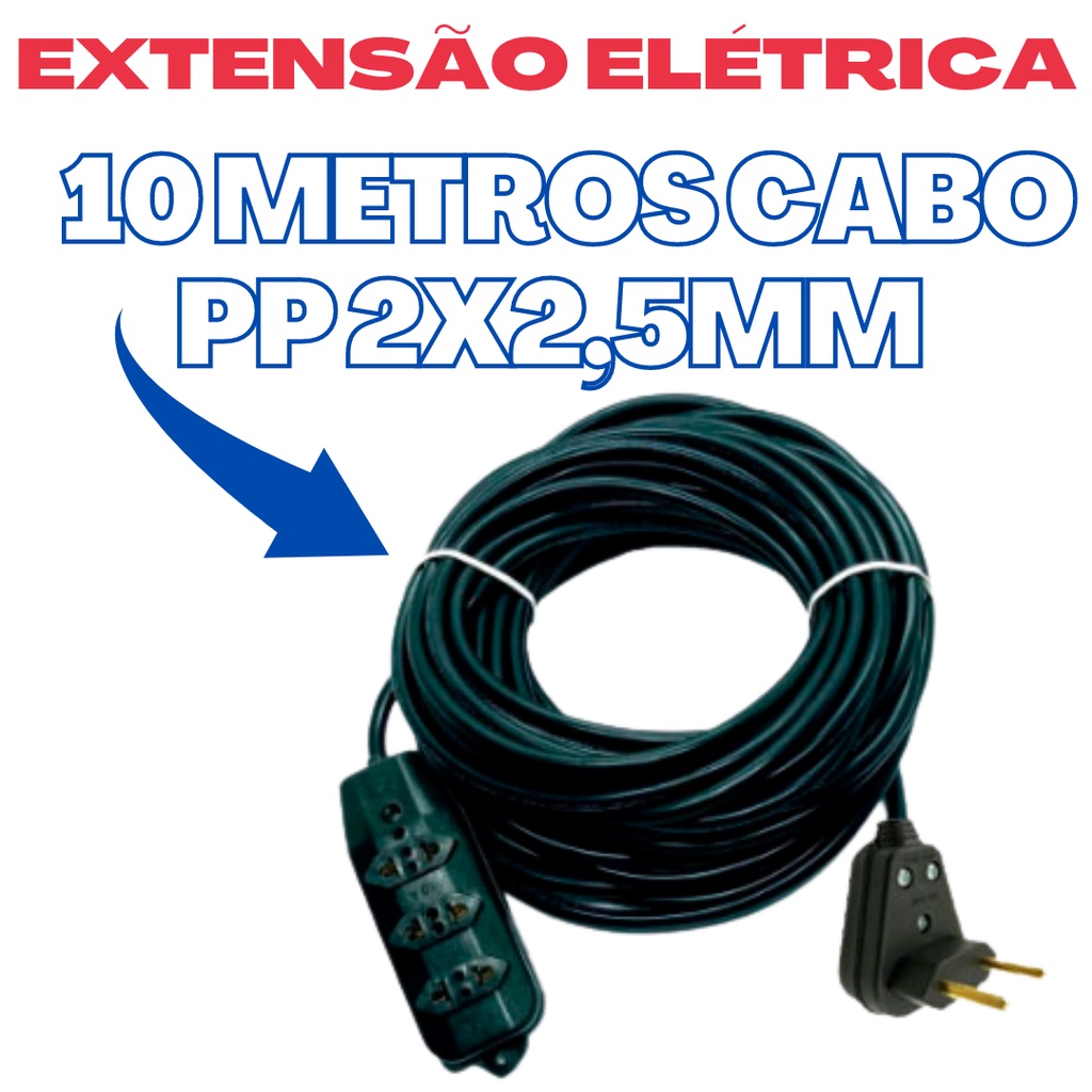 Extensão Elétrica 10 Metros e 25 Metros Com Cabo PP 2x2,5mm Padrão Novo / Antigo 10A e 20A ...