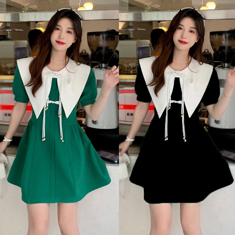 Vestido Coreano Lapela Pescoço A Linha Manga Curta Cor Emenda | Shopee ...