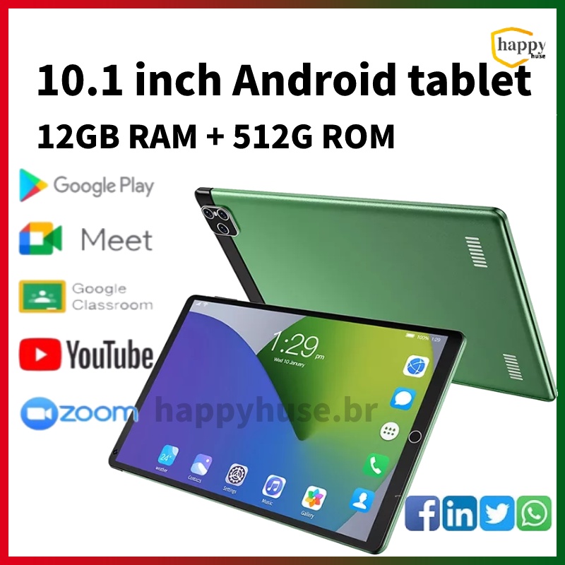 Smart Android 12G + 512G Tablet PC 10.1 Polegadas Tela HD Colorida ...