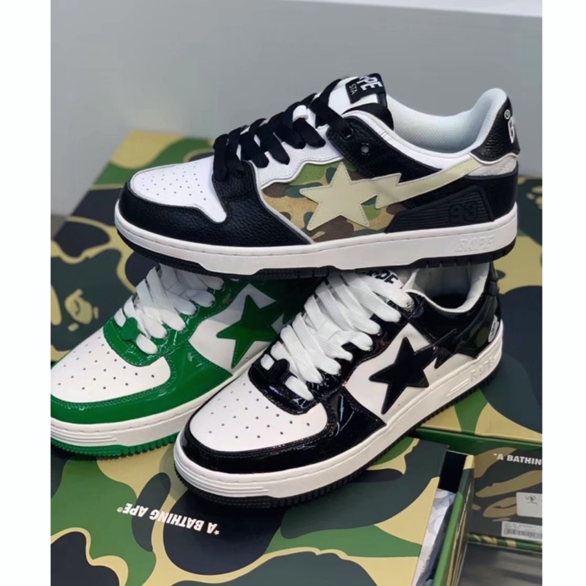 Tênis De Moda Bape Sta Ape Low Top Brilhante Preto Branco - Escorrega o ...