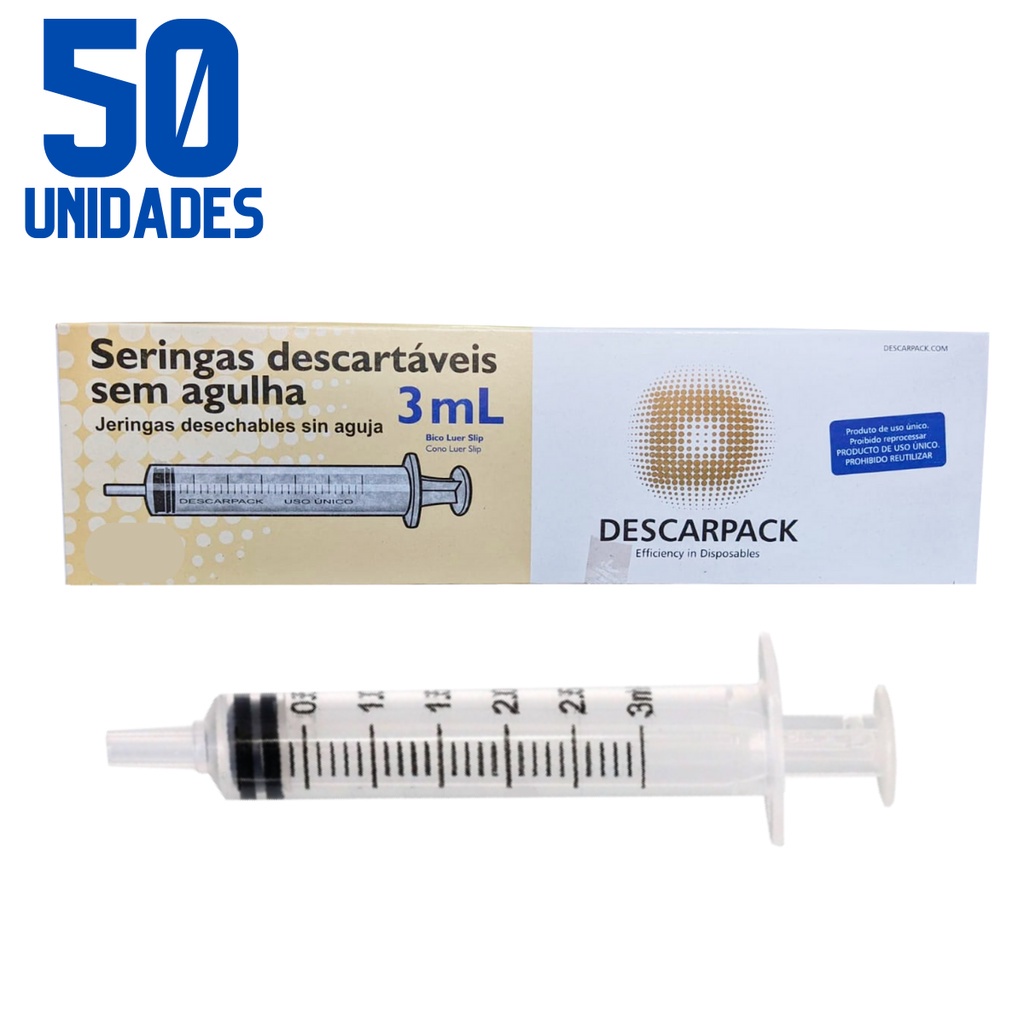 Seringa 3 ml Sem Agulha Descartável 50 und. Luer Slip | Shopee Brasil