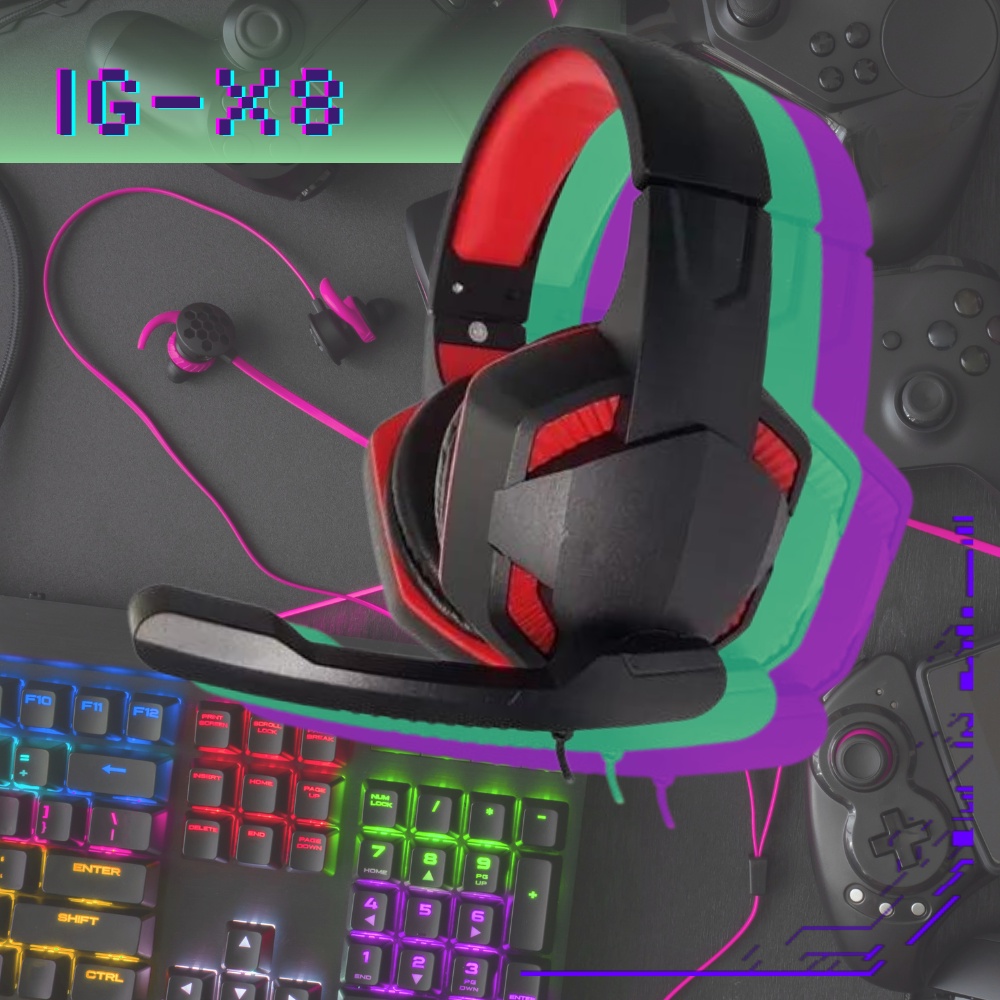 Fone de Ouvido Headset Gamer Com fio e Microfone IG-X8 Preto e Vermelho | Shopee Brasil