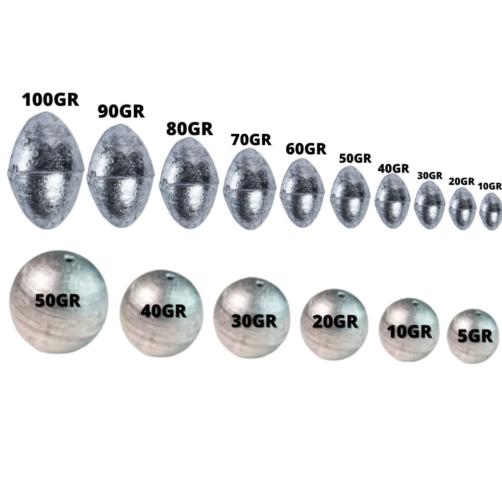 Kit Chumbada 500gr Oliva ou Bola Chumbo para Pesca Varios Tamanhos ...
