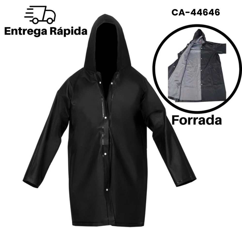 Capa De Chuva Impermeável Preta Forrada Longa PVC Resistente Com Capuz ...
