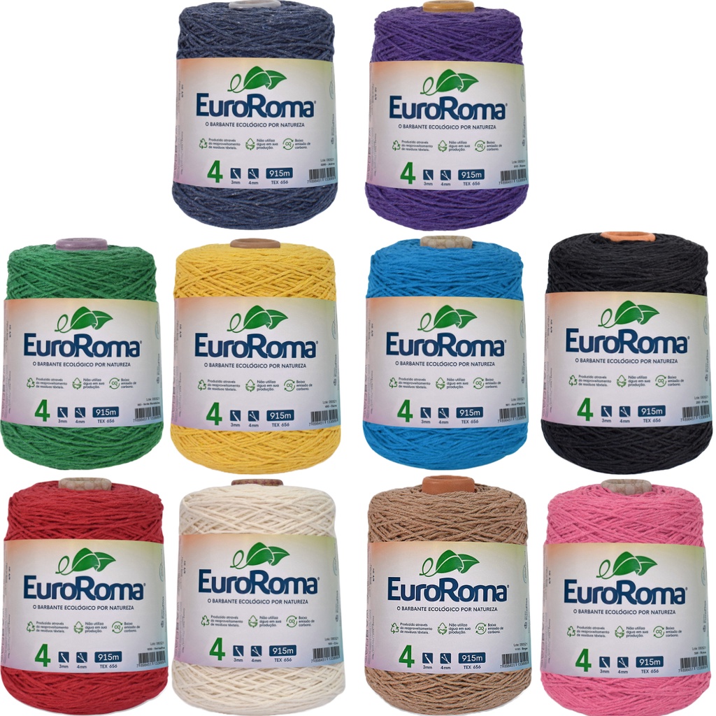 Kit 10 Barbantes Colorido Fio N°4 Euroroma 915 metros 600 gramas Crochê ...