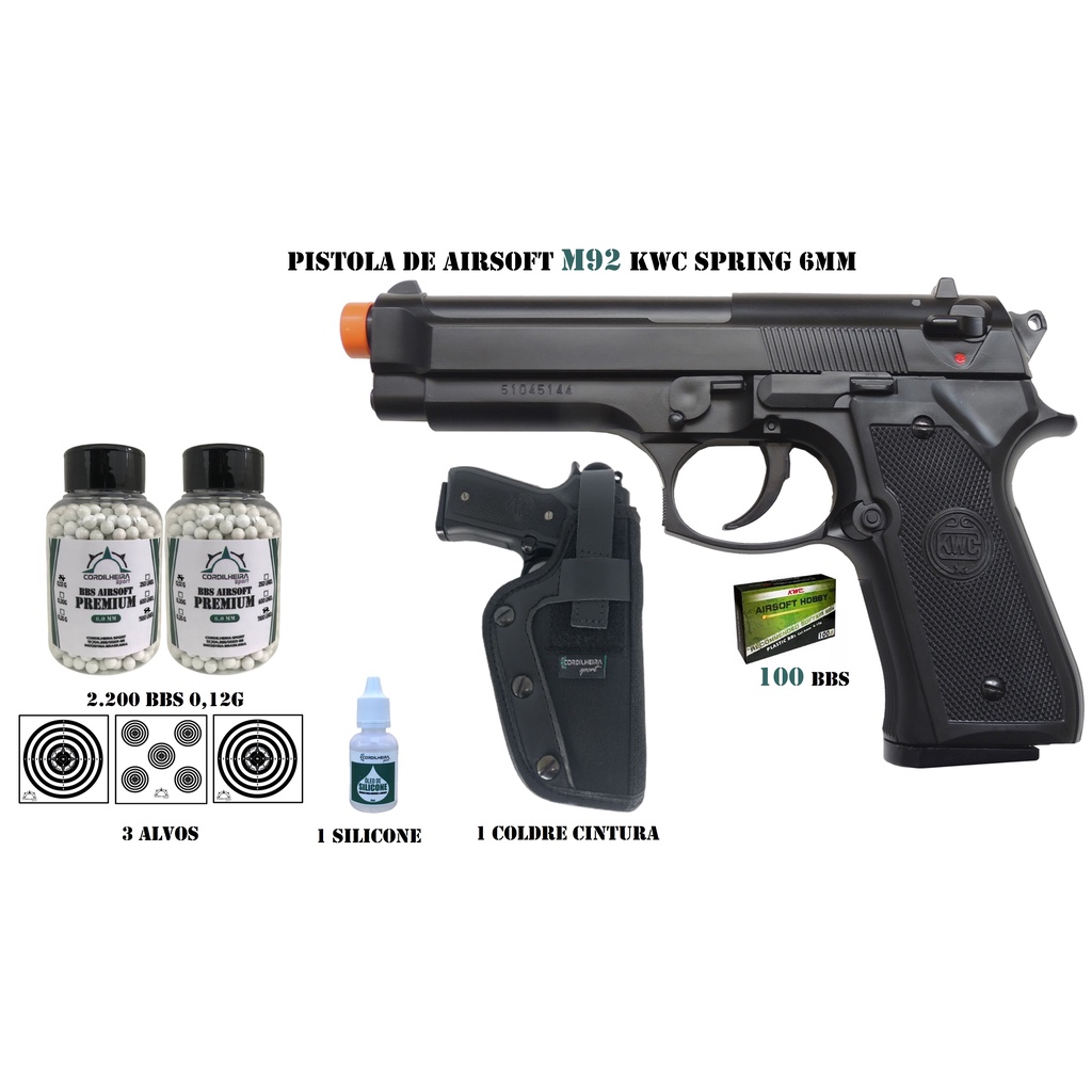 Pistola de Airsoft Beretta M92 KWC Spring 6mm Rossi + 2 Potes 1100 Bbs ...