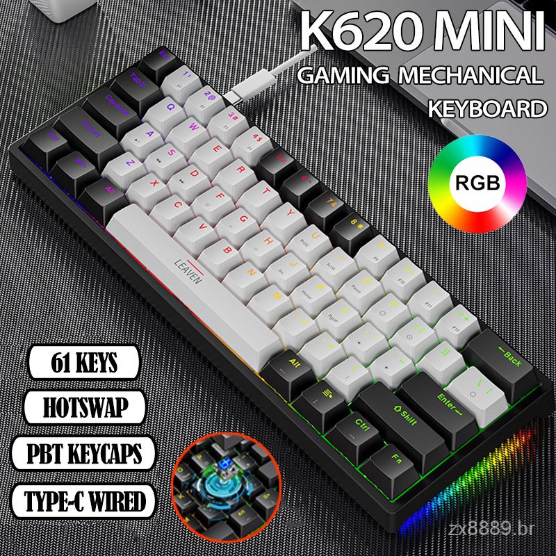 K620 Mini Teclado Mecânico Para Jogos 61 Teclas RGB Hotswap Tipo C Com ...